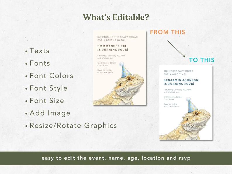 Minimalist Reptile Cool Bearded Dragon Birthday Invitation Template ...