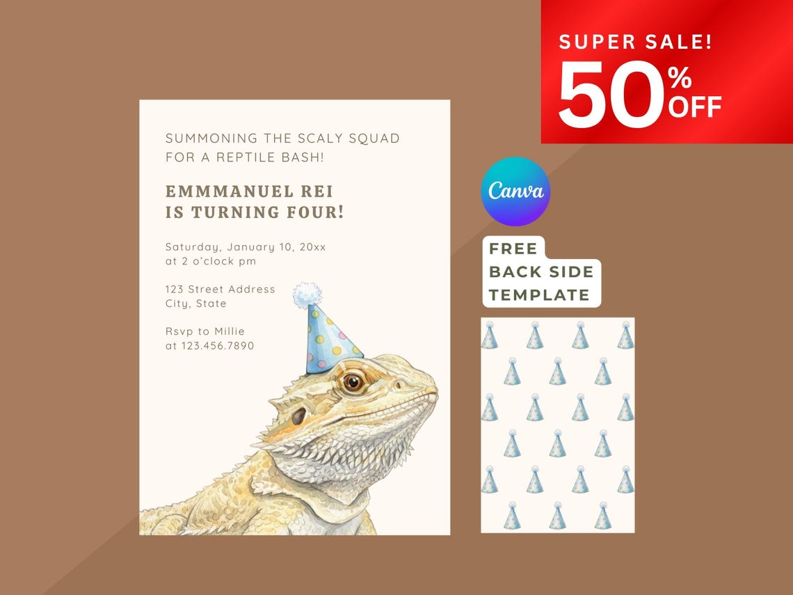 Minimalist Reptile Cool Bearded Dragon Birthday Invitation Template ...