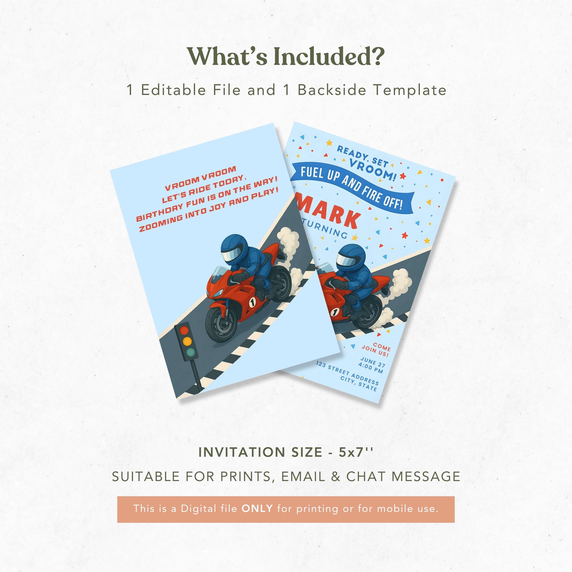 Editable Race Motorcycle Birthday Invitation, Motorbike Party Invite ...