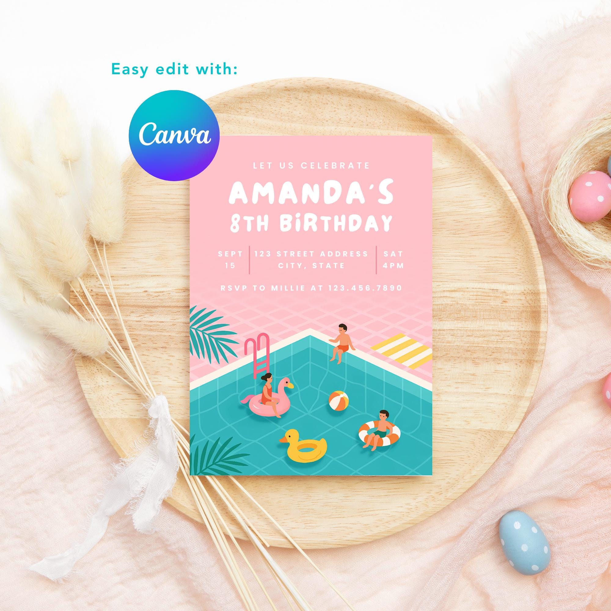 Minimalist Kids Pool Party Invitation | Editable Pool Birthday Invite ...