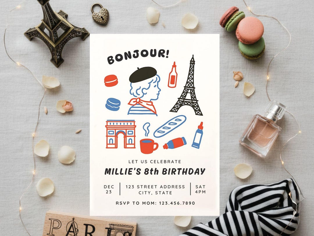 French Paris Birthday Invitation Bonjour Theme Kids Party Eiffel Tower ...