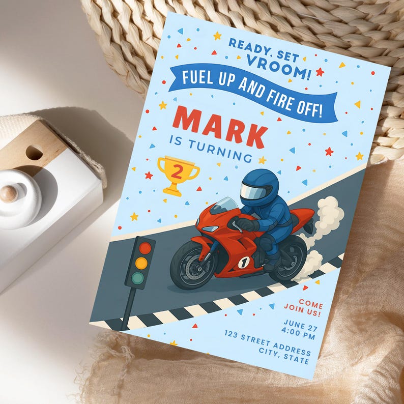 Editable Race Motorcycle Birthday Invitation, Motorbike Party Invite ...