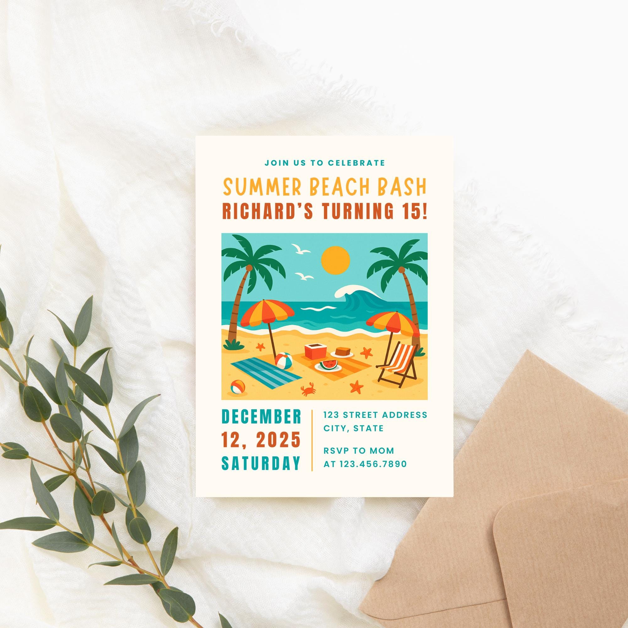 Minimalist Beach Birthday Bash Party Invite Template Ocean Themed Party ...