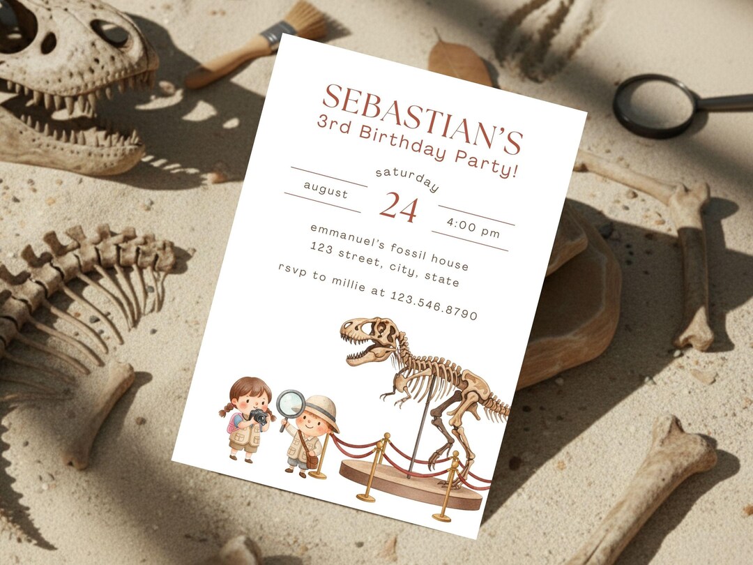Watercolor Fossil Birthday Invitation T-rex Dinosaur Prehistoric ...
