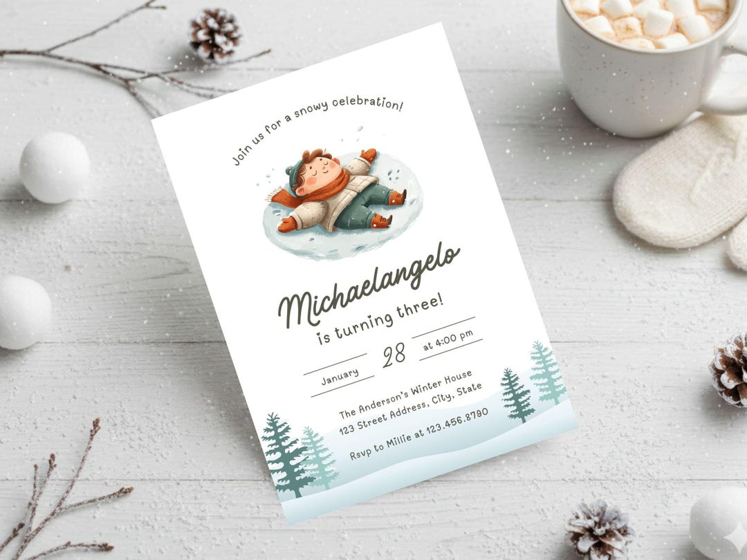 Winter Snow Birthday Invitation Snow Angel Kids Party Invite Snowy ...