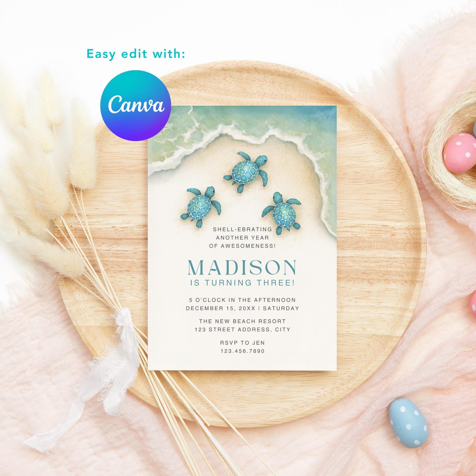 Minimalist Sea Turtle Birthday Invitation Template Turtle Ocean Beach ...