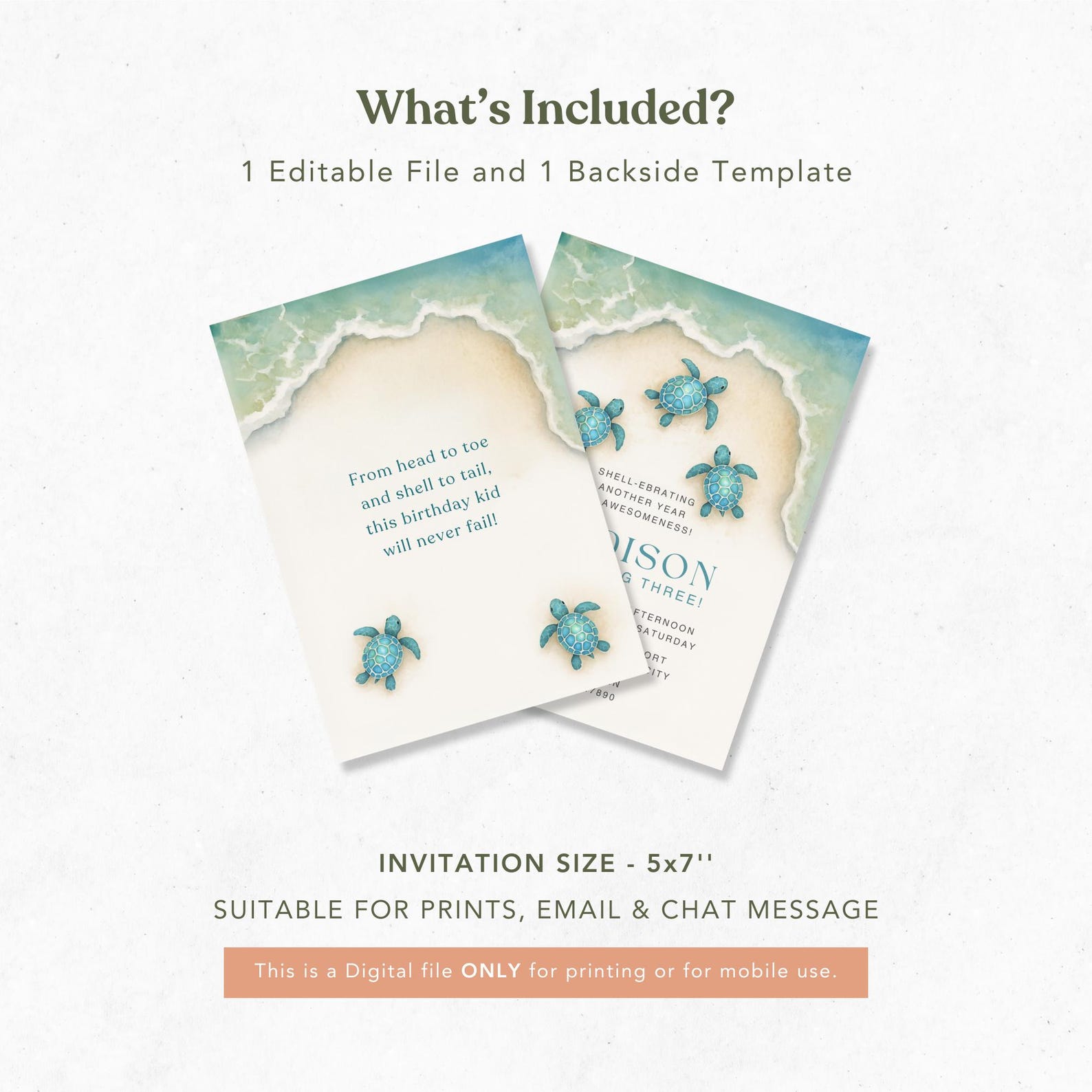 Minimalist Sea Turtle Birthday Invitation Template Turtle Ocean Beach ...