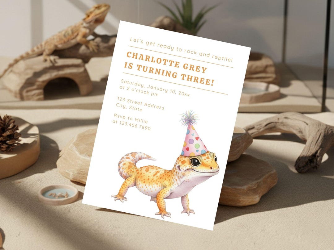 Watercolor Leopard Gecko Birthday Invitation Template Cool Reptile ...