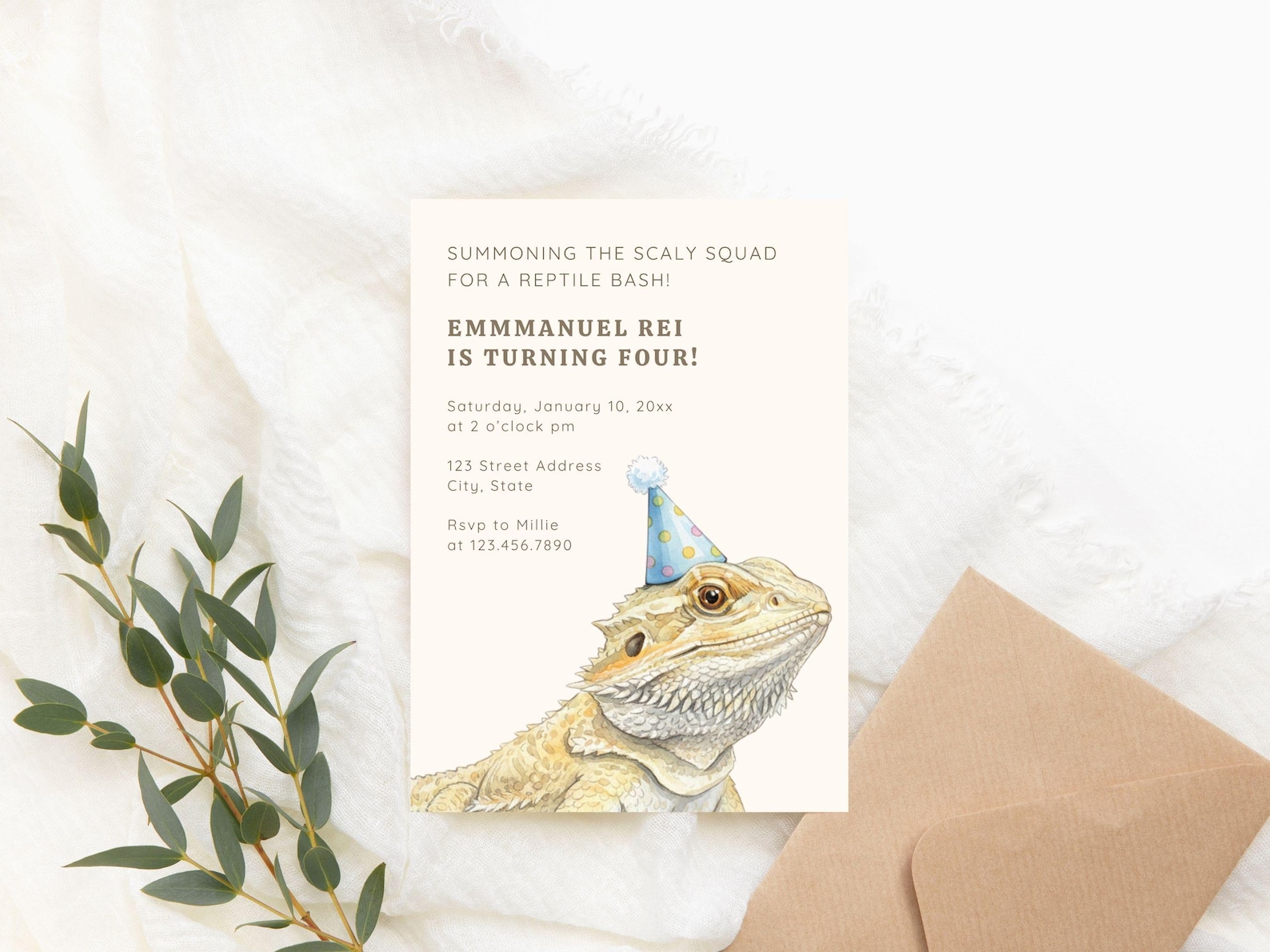 Minimalist Reptile Cool Bearded Dragon Birthday Invitation Template ...