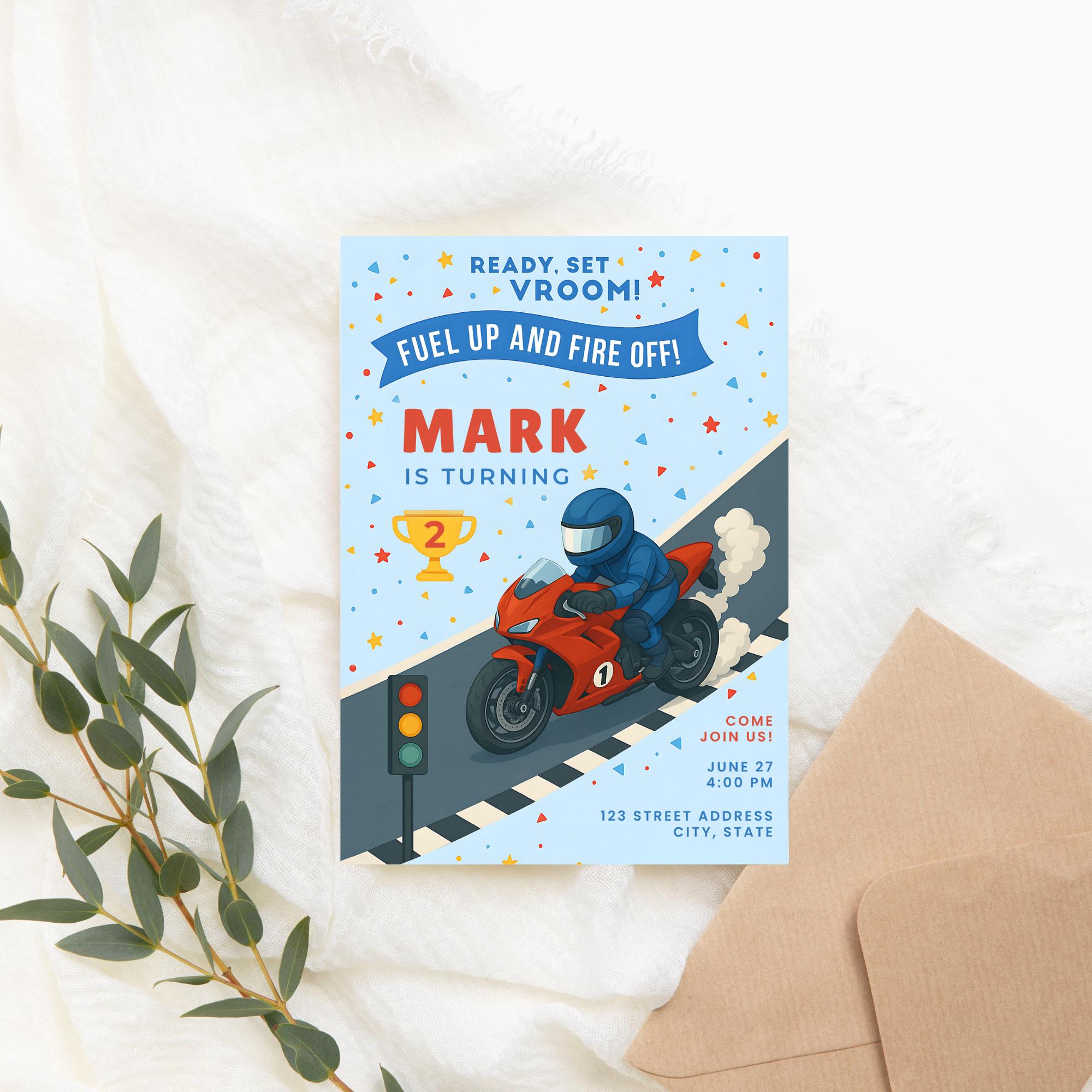 Editable Race Motorcycle Birthday Invitation, Motorbike Party Invite ...