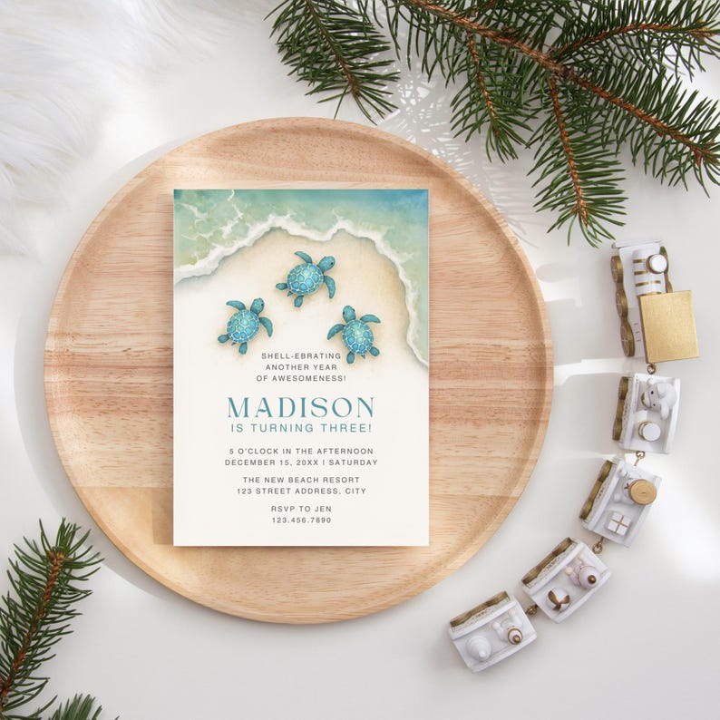 Minimalist Sea Turtle Birthday Invitation Template Turtle Ocean Beach ...