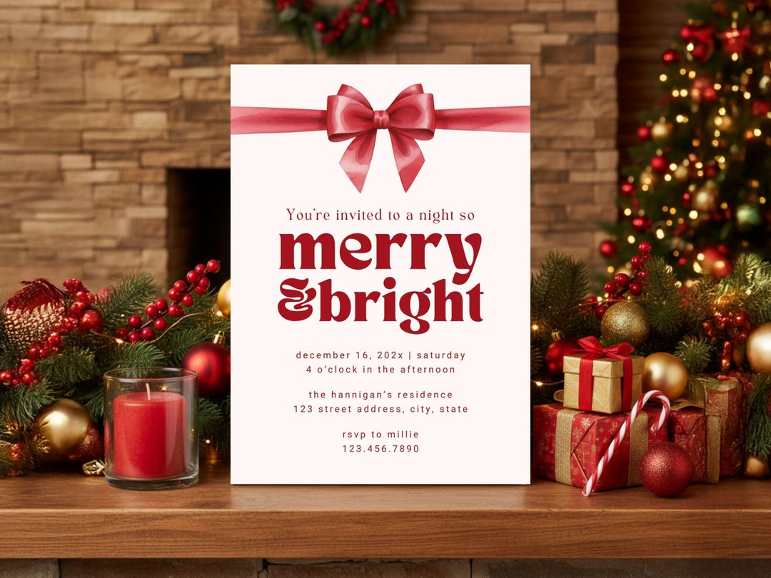 Modern Red Christmas Bow Party Invitation, Holiday Cocktail Christmas ...