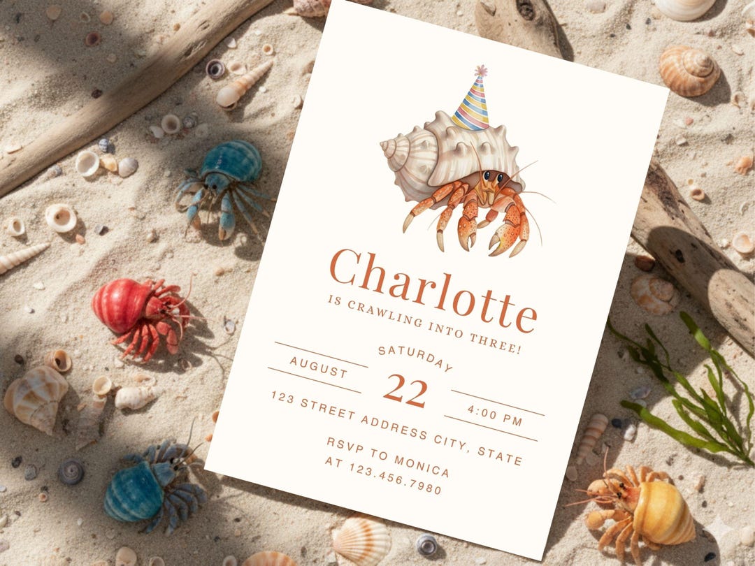 Simple Hermit Crab Birthday Bash Party Invitation Template Ocean ...
