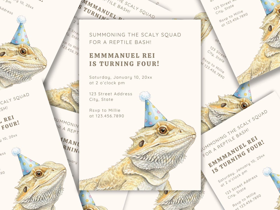 Minimalist Reptile Cool Bearded Dragon Birthday Invitation Template ...
