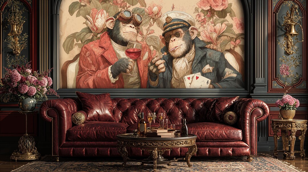 Victorian Monkey Wallpaper Mural: Whimsical Gentleman's Wall Decal - Etsy