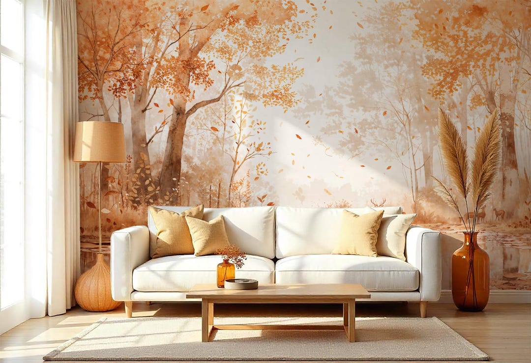 Autumn Forest Mural Wallpaper: Rustic Sepia Landscape Peel and Stick - Etsy