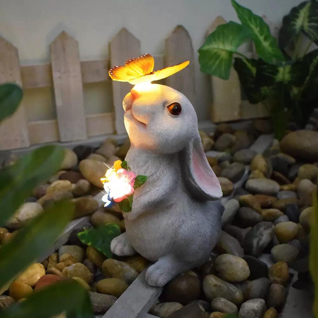 Solar Bunny Garden Statue With Glowing Butterfly – Outdoor LED Lighted ...