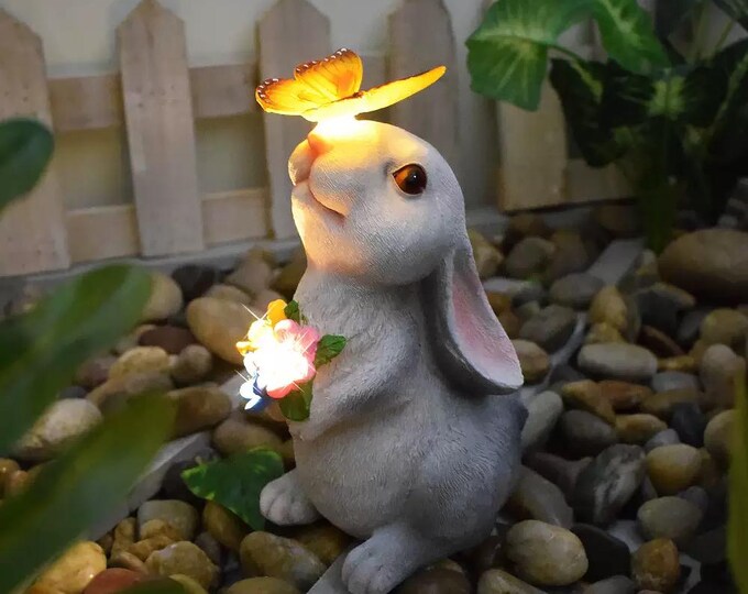 Solar Bunny Garden Statue With Glowing Butterfly – Outdoor LED Lighted ...