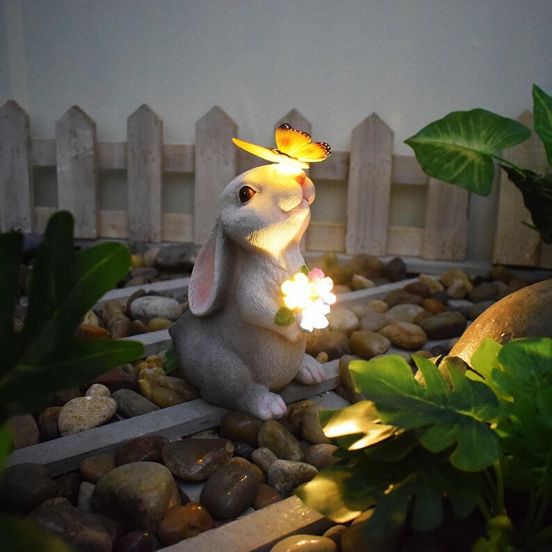 Solar Bunny Garden Statue With Glowing Butterfly – Outdoor LED Lighted ...
