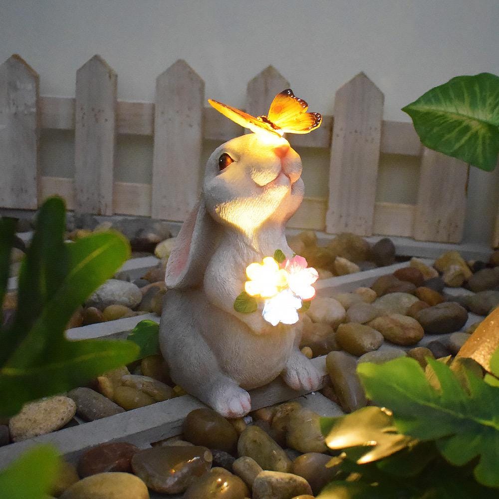 Solar Bunny Garden Statue With Glowing Butterfly – Outdoor LED Lighted ...
