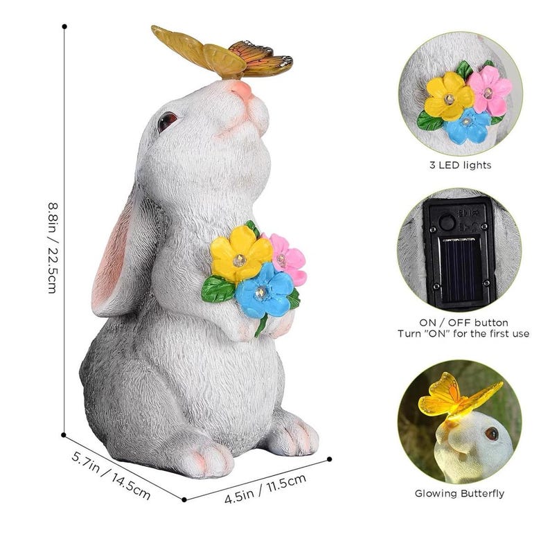 Solar Bunny Garden Statue With Glowing Butterfly – Outdoor LED Lighted ...