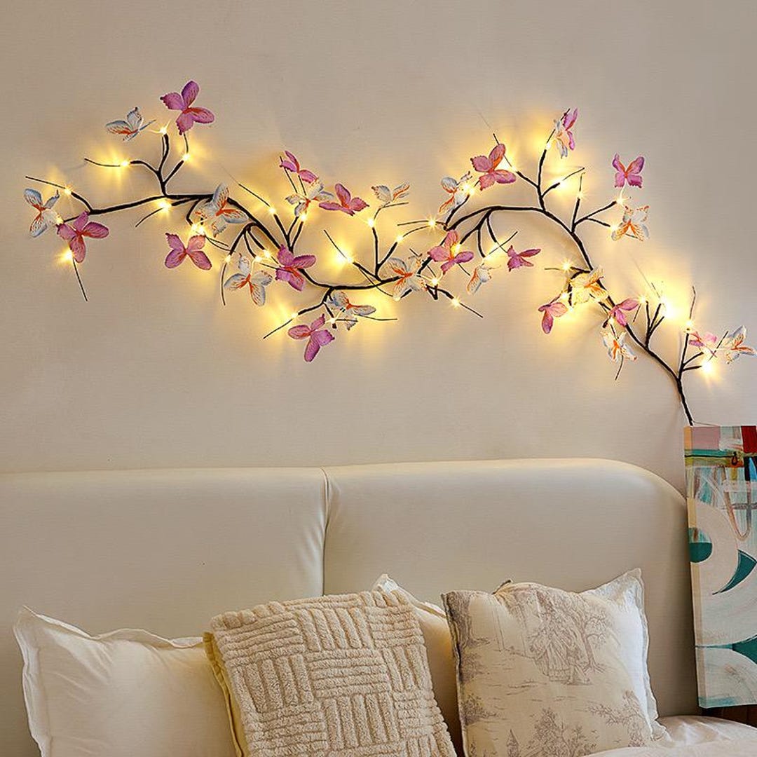 Butterfly Branch Wall Light – Fairy String Lights for Bedroom or Living ...