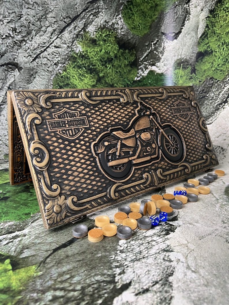 Motorcycle Wooden Backgammon Set, Hand Carved Ash Wood Board Game ...