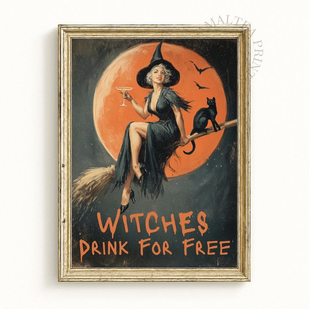 Witches Drink for Free Vintage Print: Retro Halloween Bar Cart Decor ...