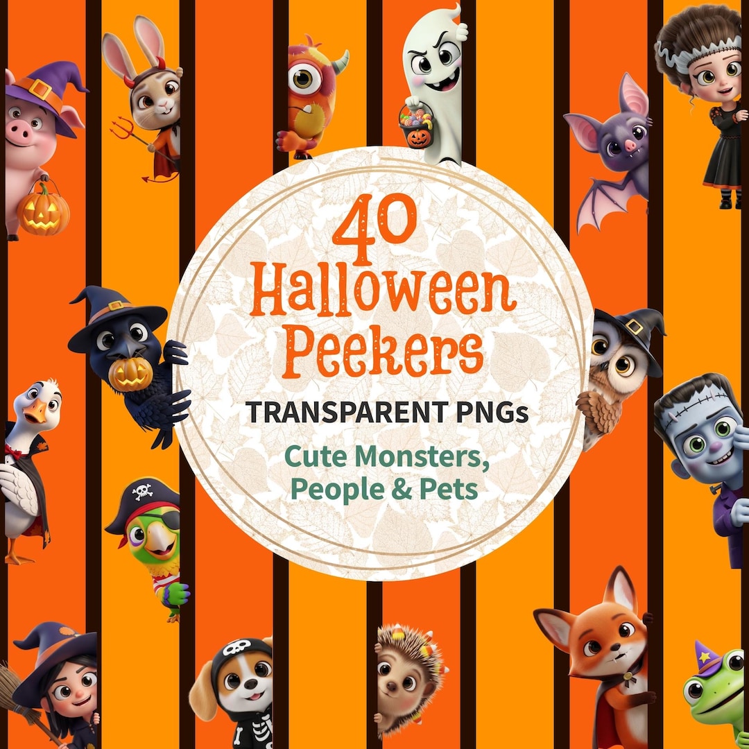 Halloween Peekers Clipart: 3D Cartoon Monsters, Kids & Pets (PNG Bundle ...