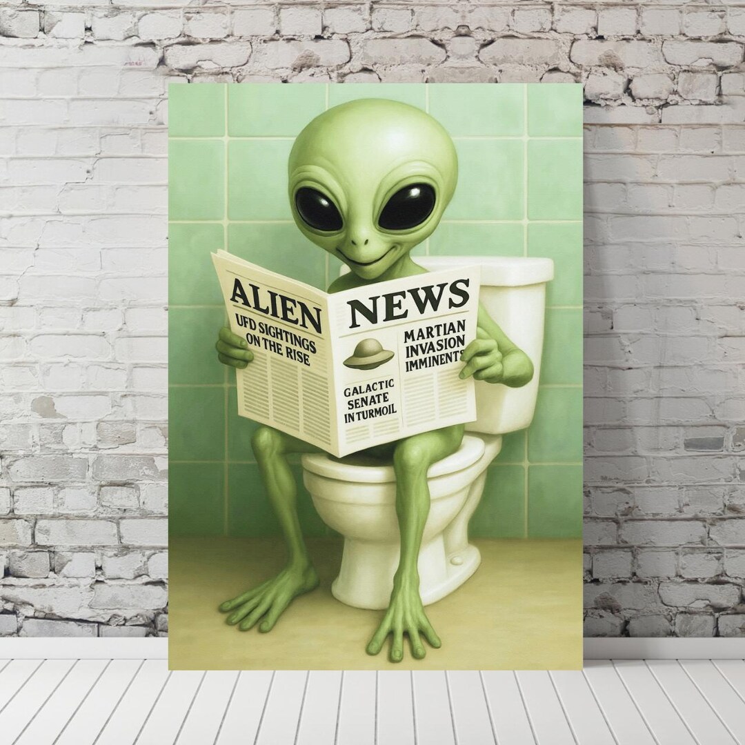 Funny Alien Toilet Newspaper Print: Quirky Bathroom Sci-fi Art (digital ...