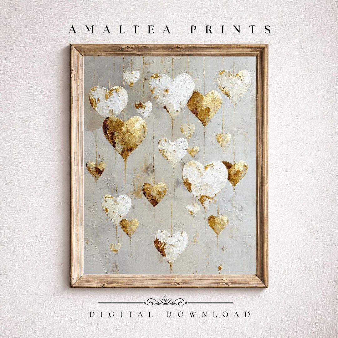 Hearts Art Print, Gold and White Heart Painting, Neutral Elegant ...