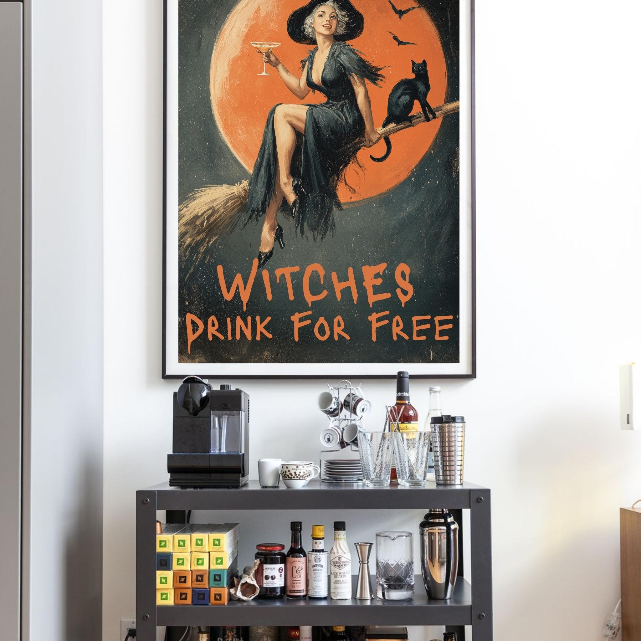 Witches Drink for Free Vintage Print: Retro Halloween Bar Cart Decor ...