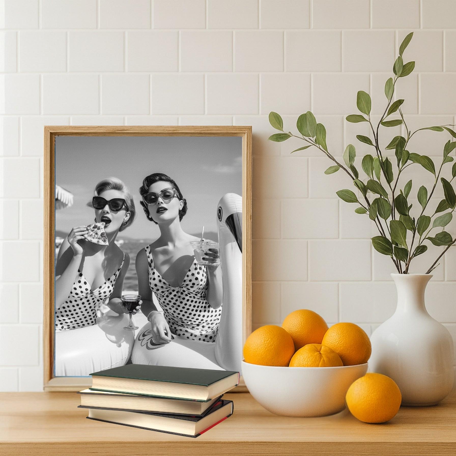 Pizza Divas Riviera Poster – 1950s Italian Black & White Beach Print ...