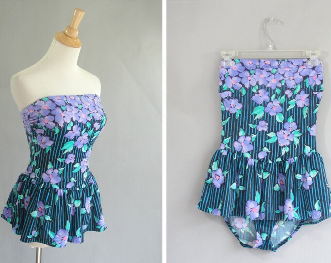 Vintage 1980s Strapless Skirted Bathing Suit With Floral and - Etsy