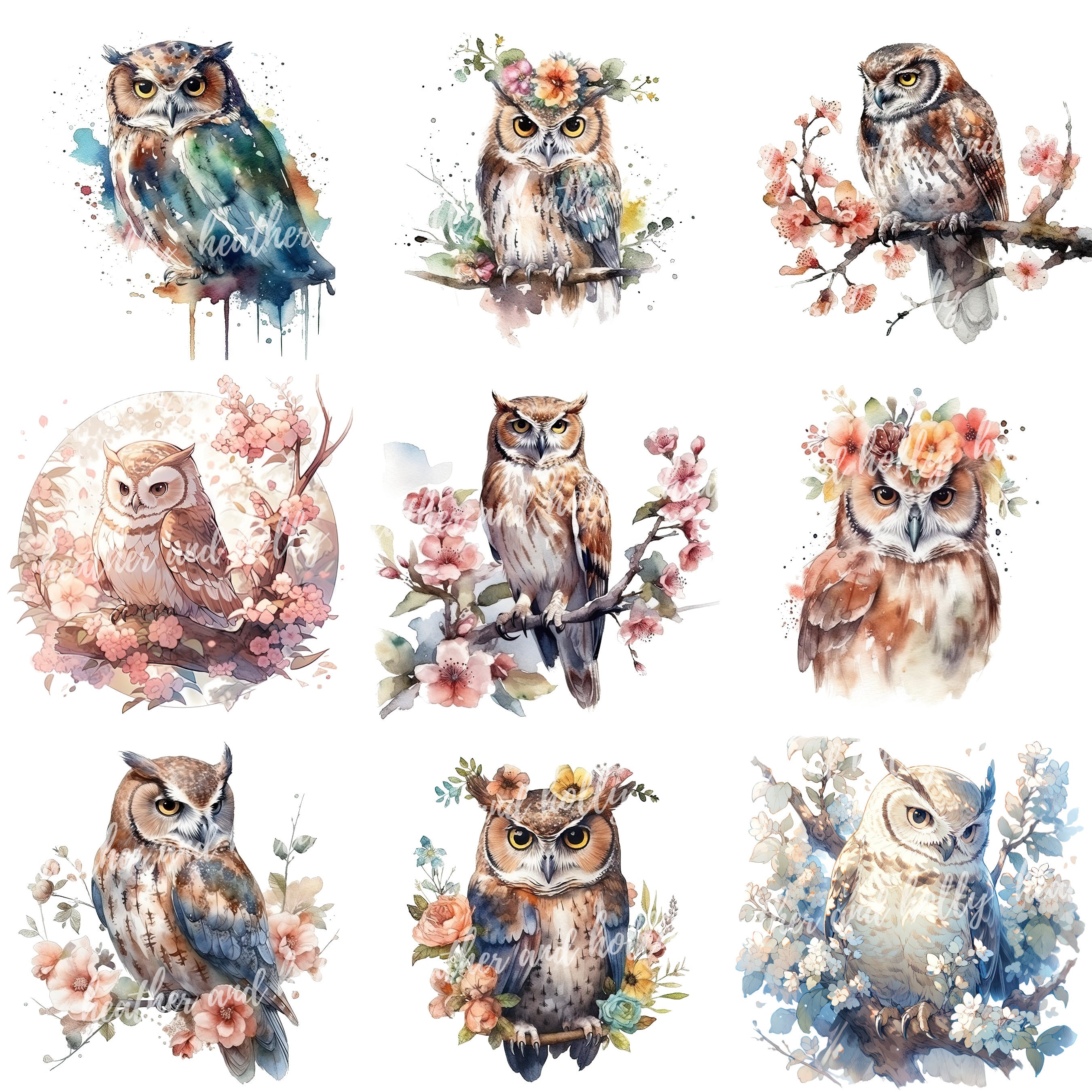 20 Watercolor Owls Clipart, Floral Owls Clip Art, Mystical Owl Png ...