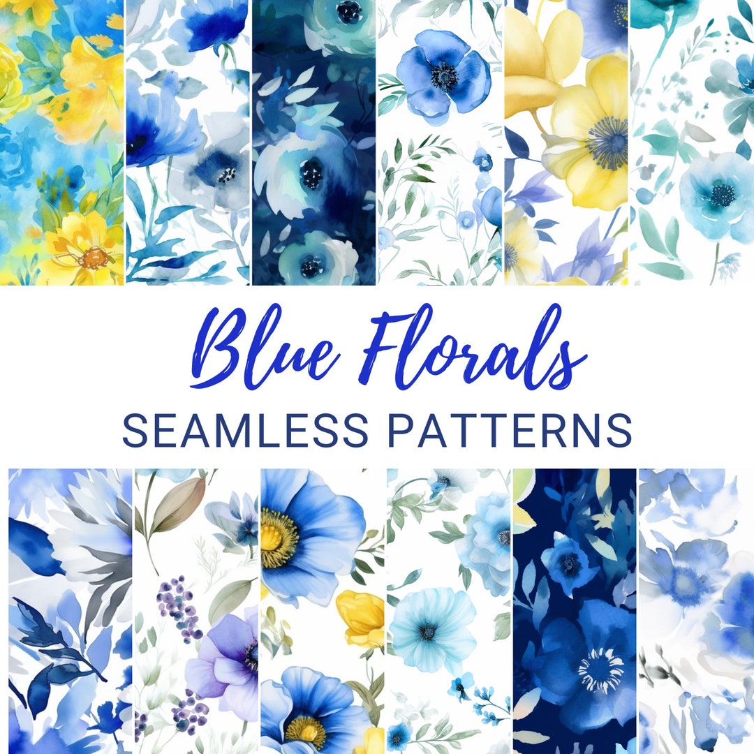 Blue Florals Digital Paper, Seamless Flower Patterns, Watercolor Floral ...