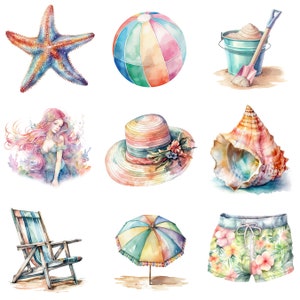 21 Pastel Watercolor Beach Clipart, Summer Clip Art PNG, Beach ...