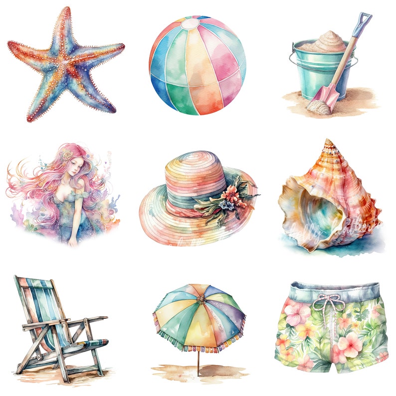 21 Pastel Watercolor Beach Clipart, Summer Clip Art PNG, Beach ...