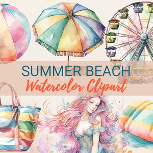 21 Pastel Watercolor Beach Clipart, Summer Clip Art PNG, Beach ...