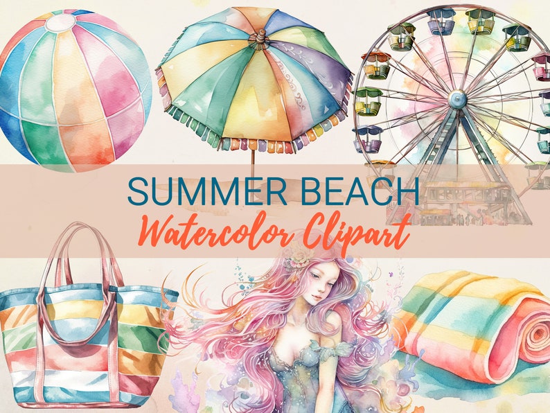 21 Pastel Watercolor Beach Clipart, Summer Clip Art PNG, Beach ...