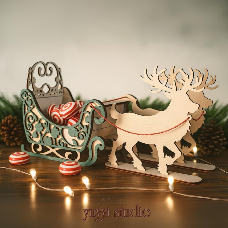 Christmas Sleigh Laser Cut Bundle | 5 Reindeer Sleigh Designs | Wooden ...