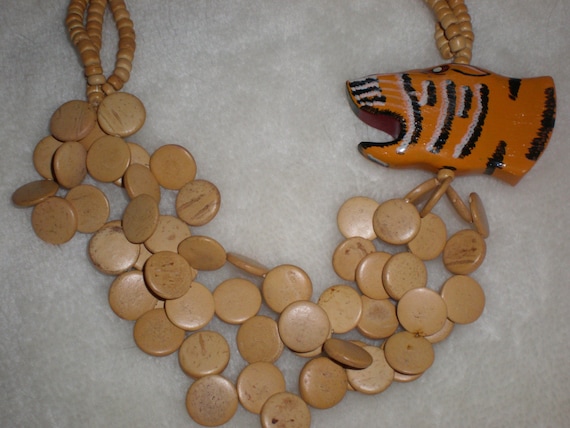 Tiger Necklace 80s Exotic Carved Wood Fashion Animal … - Gem