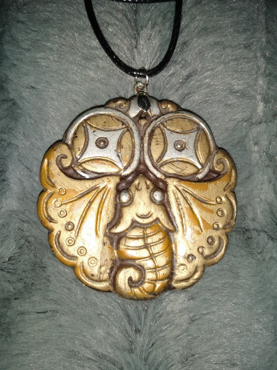 Jade Bat FU Pendant Carved Jade Pendant Amulet Gold & Silver Applied ...