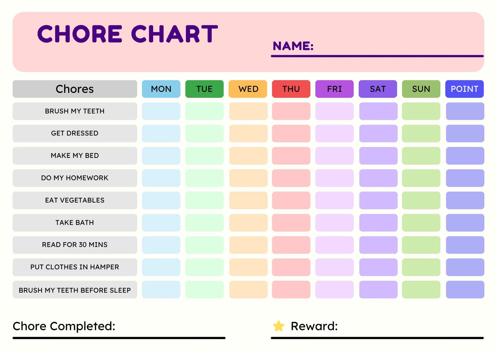 Editable Chore Chart for Kids | Printable Daily Routine Chart | Reward ...