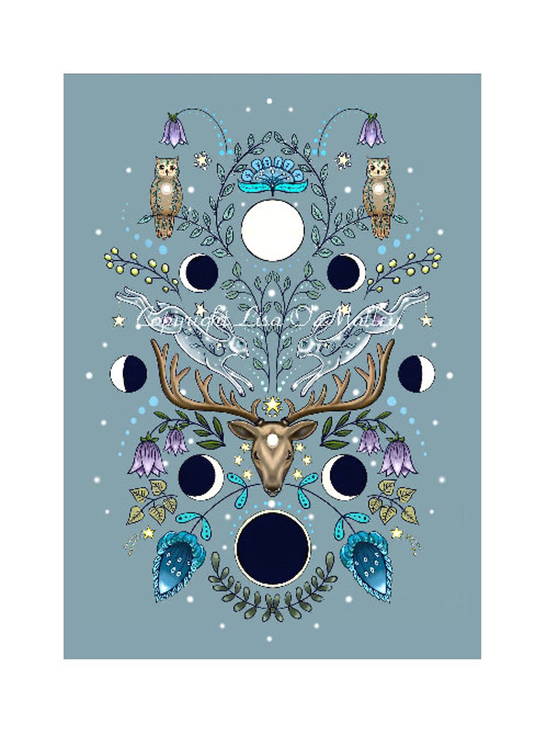 Stag Hare Print Folk Art Moon Phase - Etsy