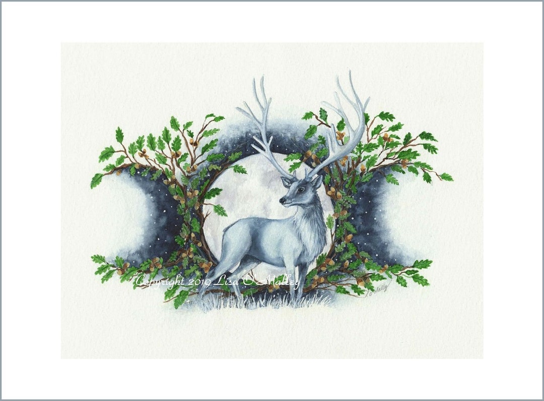 Stag Print: White Hart, Triple Moon Winter Scene (5x7 Inches) - Etsy