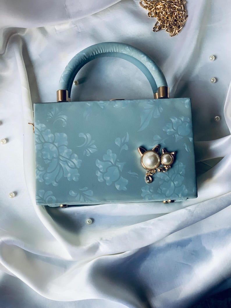 Pastel Blue Floral Box Handbag: Pearl Cat Charm, Detachable Gold Chain ...