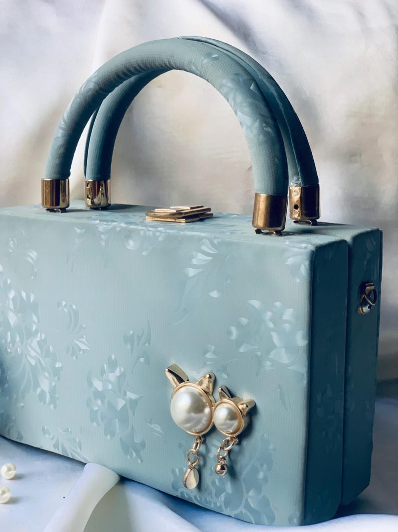 Pastel Blue Floral Box Handbag: Pearl Cat Charm, Detachable Gold Chain ...