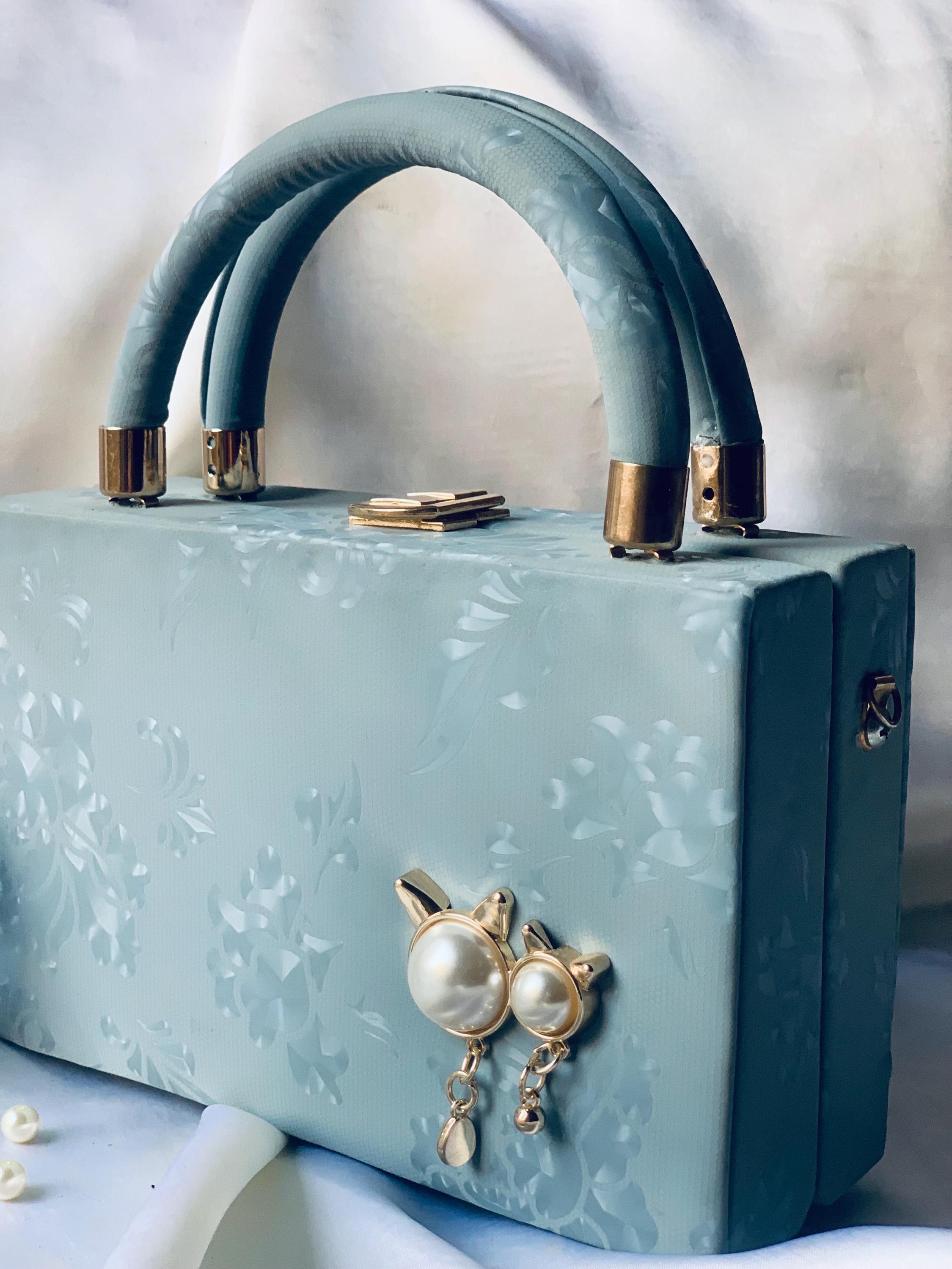 Pastel Blue Floral Box Handbag: Pearl Cat Charm, Detachable Gold Chain ...