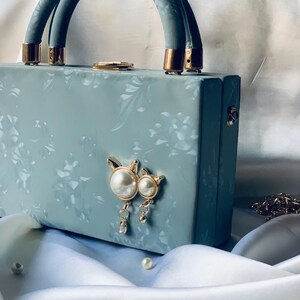Pastel Blue Floral Box Handbag: Pearl Cat Charm, Detachable Gold Chain ...